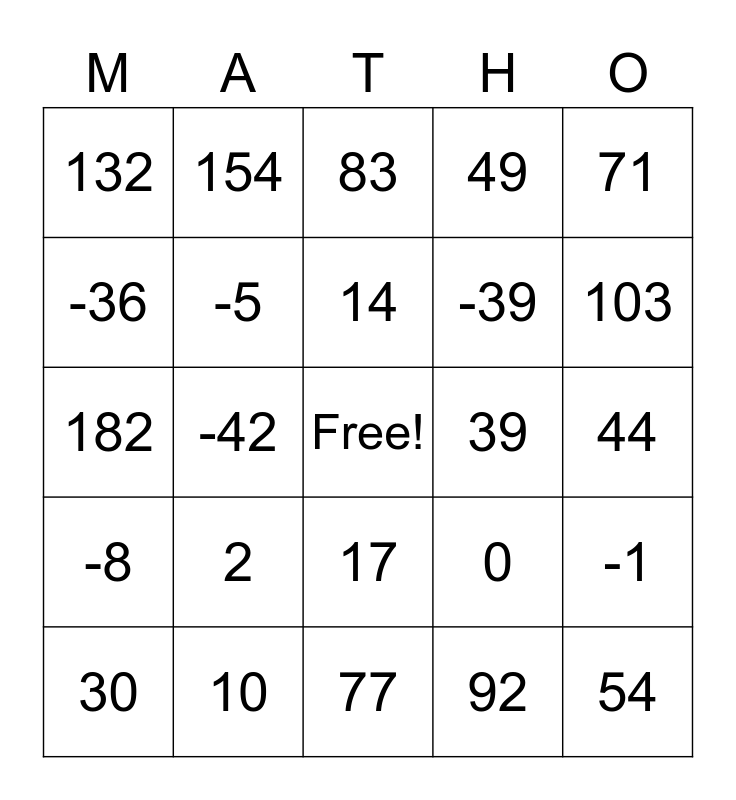 Mr. D's MATHO Bingo Card