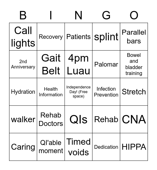 REHAB Bingo Card