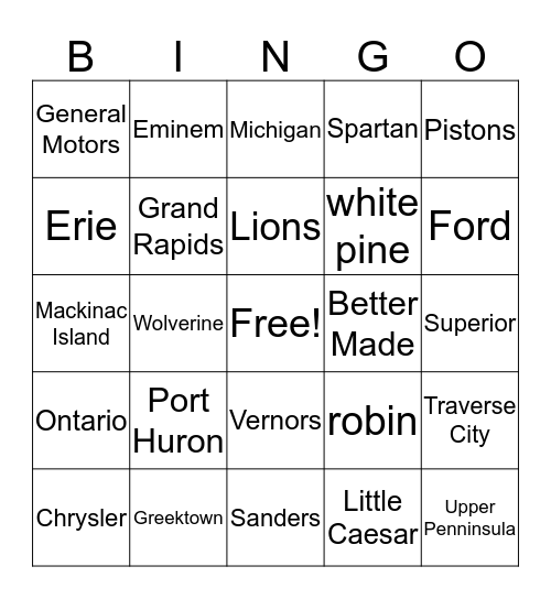 The State of Michigan Bingo Card