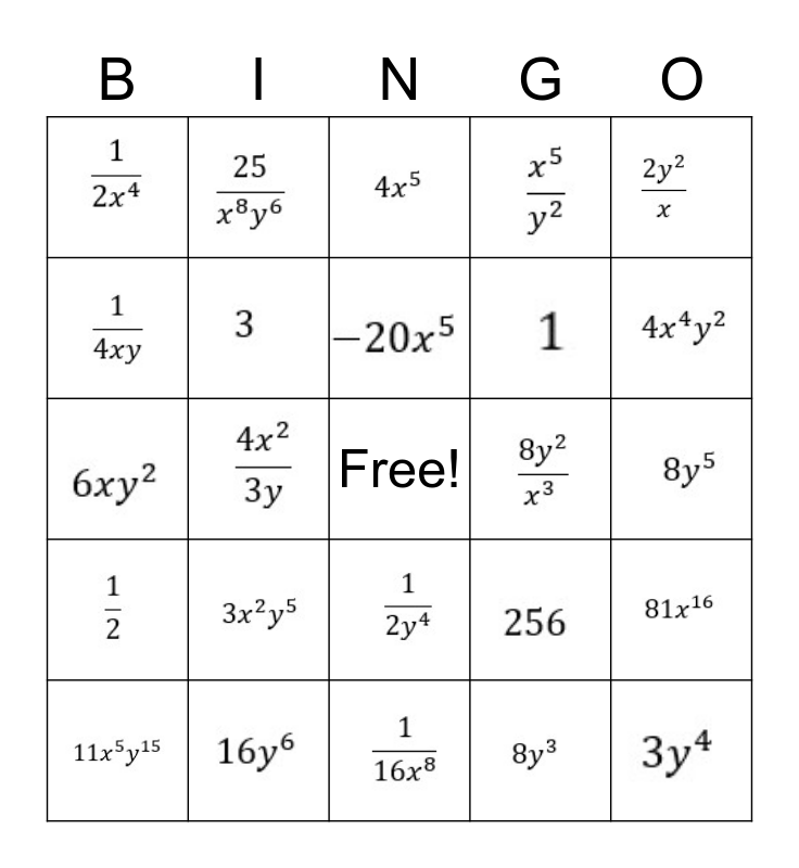 Exponent Law Bingo Card