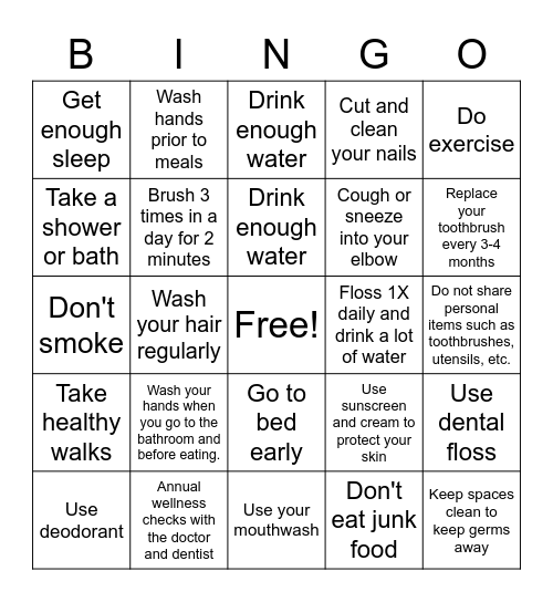 Personal Hygiene and Healthy habits Bingo Card