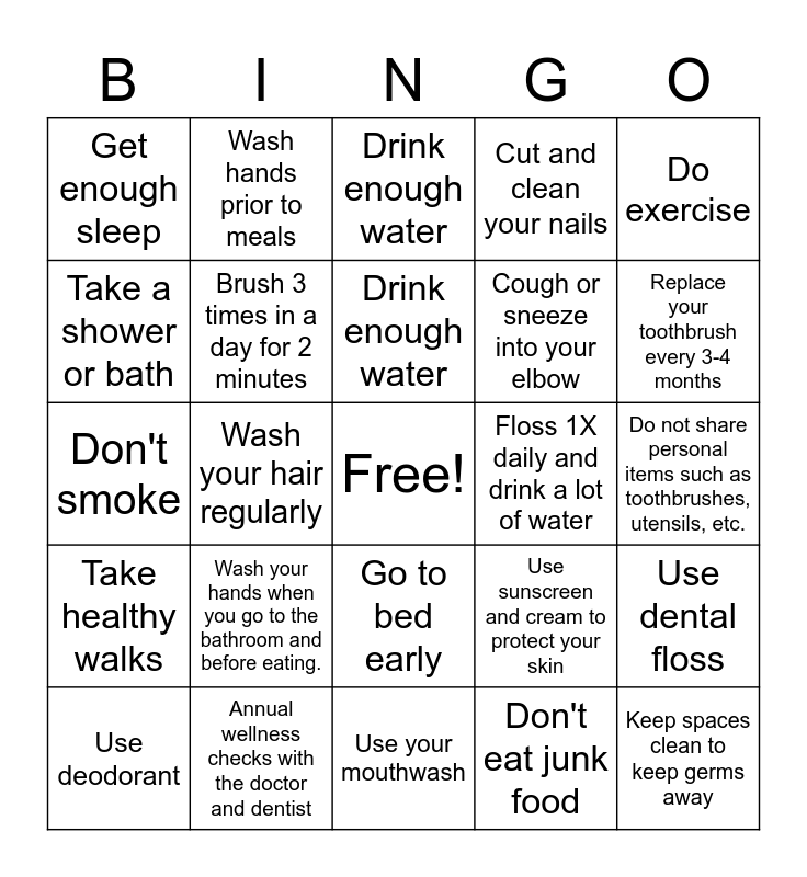 Personal Hygiene and Healthy habits Bingo Card