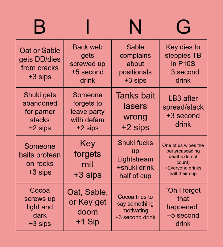 Reclear Drinking Bingo Card