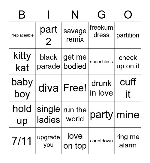beyonce crazy Bingo Card