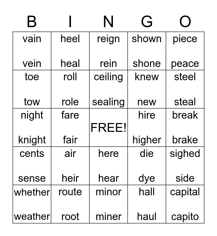 Homonyms Bingo Card