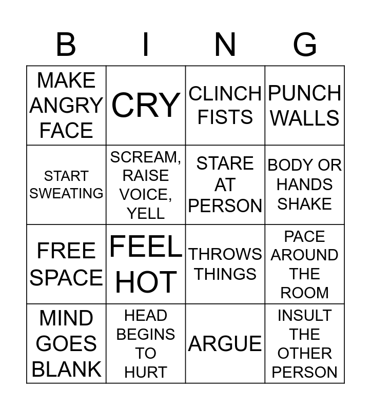 ANGER TRIGGERS BINGO Card