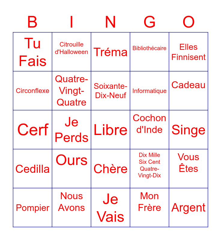 Francais Bingo Card