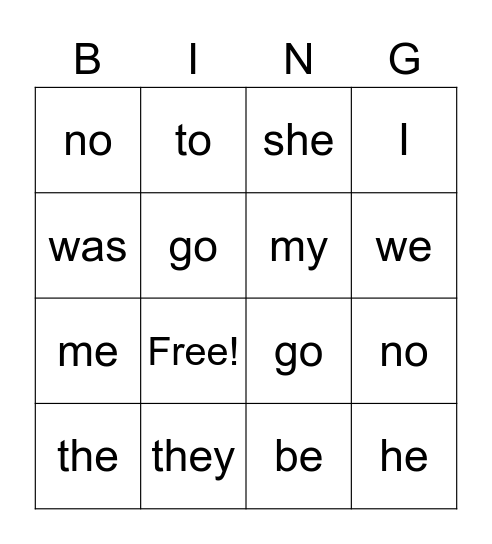 Tricky Words Bingo Card