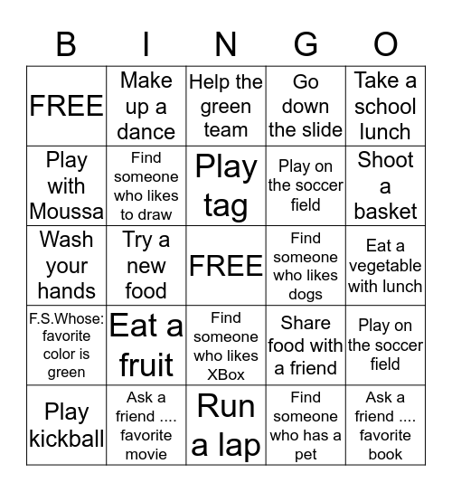 Recess BINGO Card