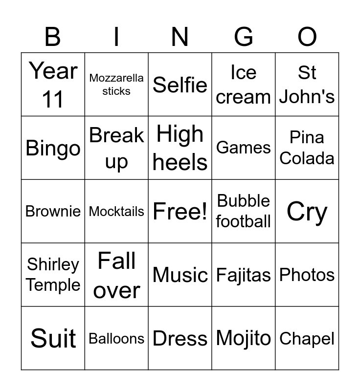 Prom bingo Card
