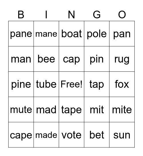 Long & Short Vowel Bingo Card