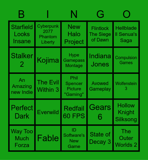 Xbox Games Showcase Bingo Card