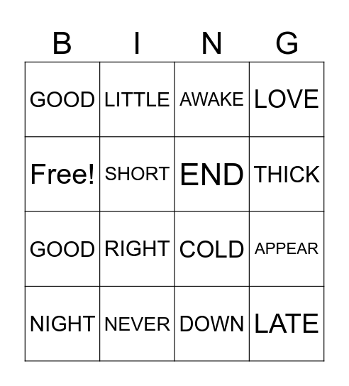 Antonyms Bingo Card