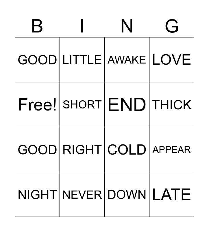 Antonyms Bingo Card