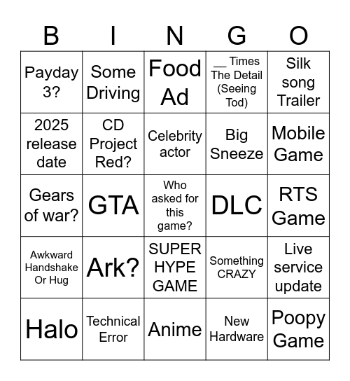 Xbox Showcase Bingo Card Xbox Showcase Bingo Card