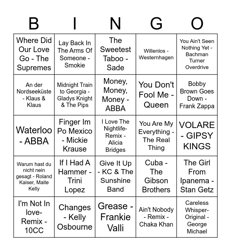 Piti´s Music Bingo, 5x5, 40 Titel, Part 1 Bingo Card