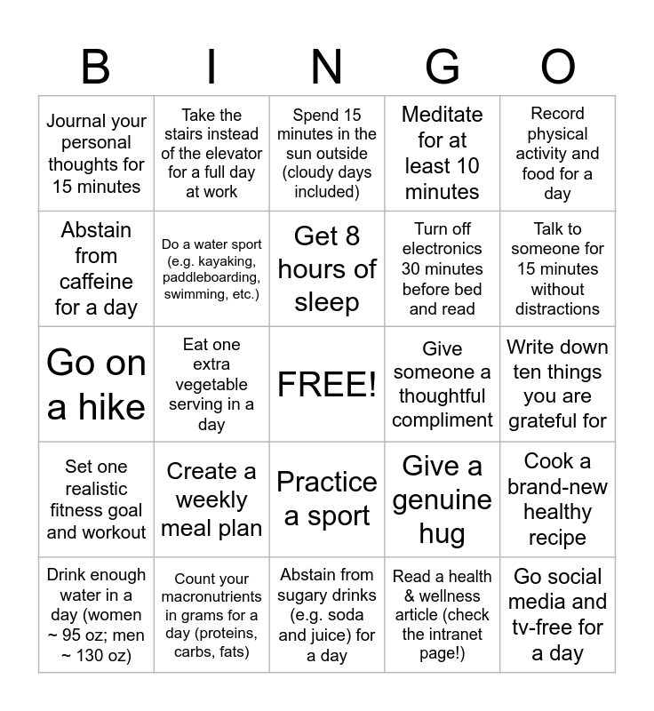Health & Wellness Bingo Card