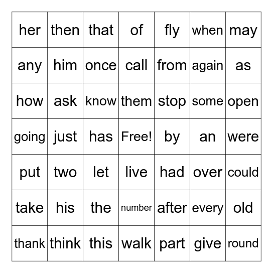 Sight Words 1st Grade Bingo Card