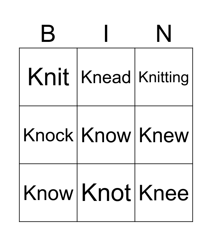 kn (n) sound Bingo Card