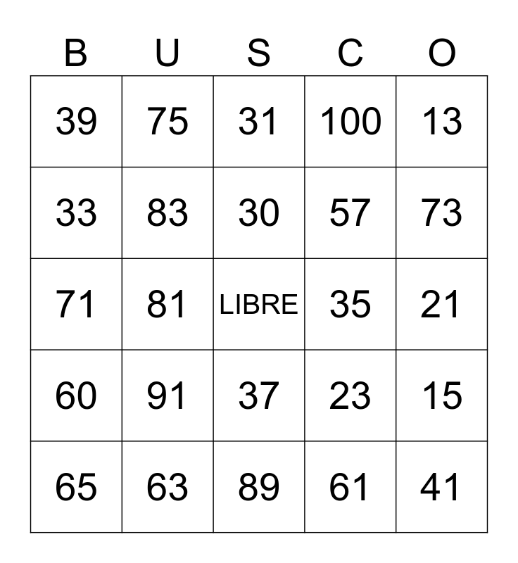 numbers 1-100 Bingo Card