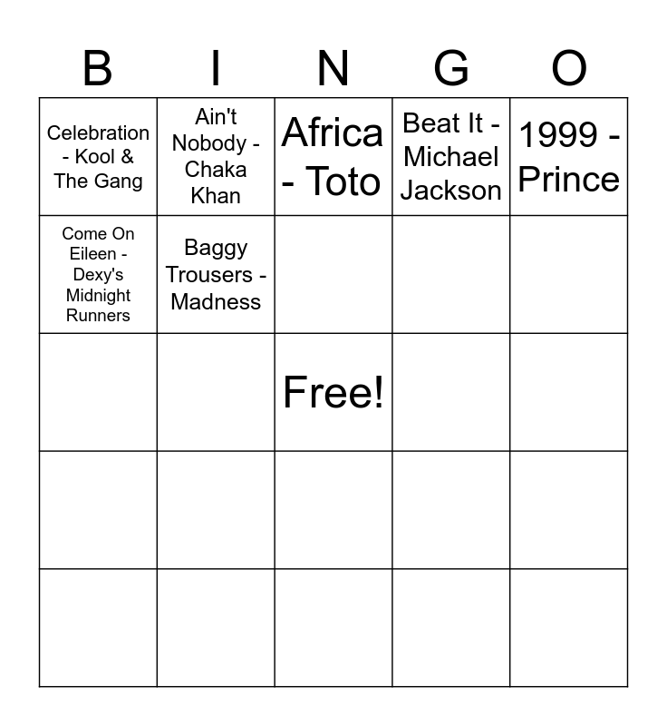 80's Music Bingo! Bingo Card