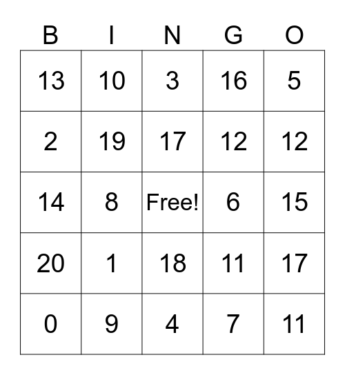 Bingo 1-20 Bingo Card