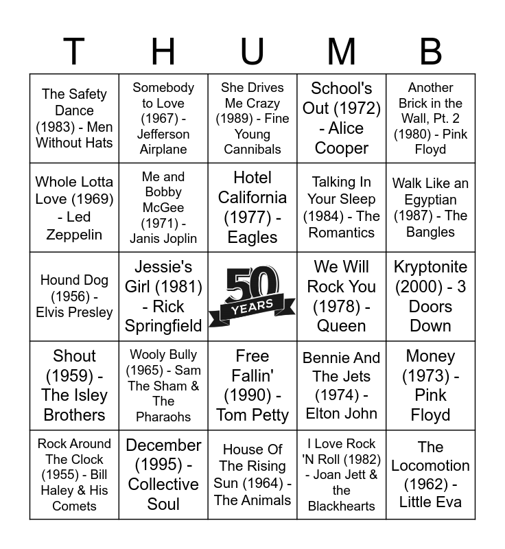 50 Years Of Rock 1955- 2004 Bingo Card