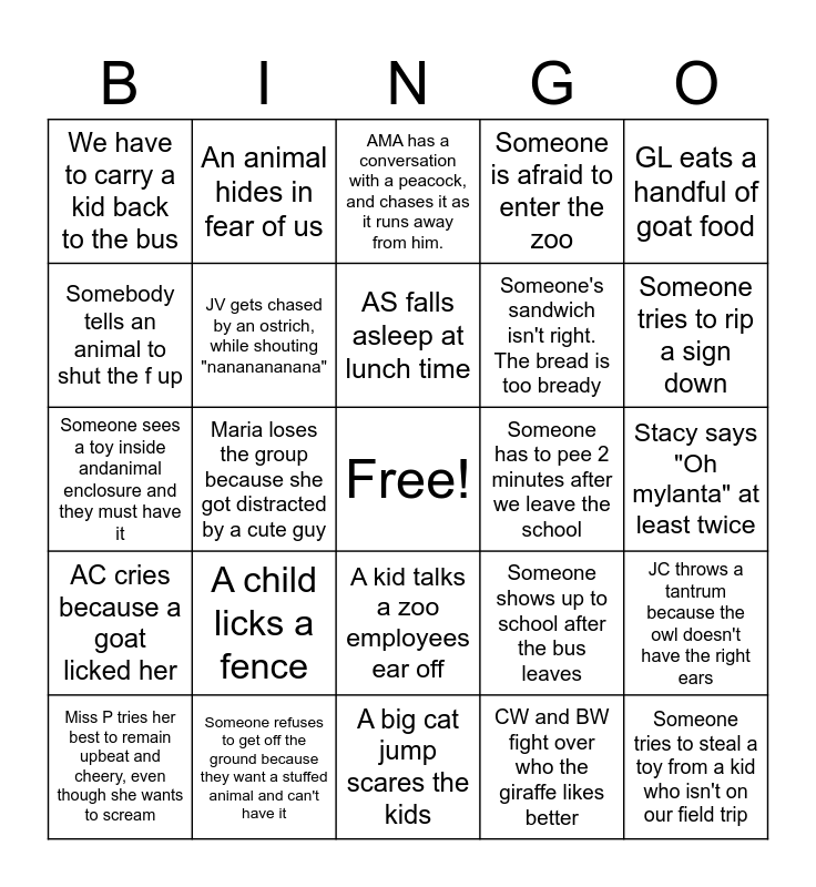 Fun at the zoo Bingo Card