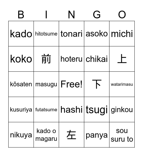 Directions Bingo Card