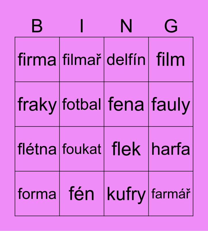 Slova s písmenem F, f Bingo Card