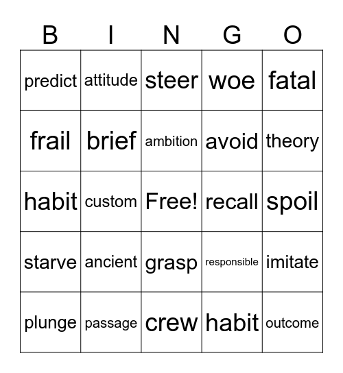 3rd Grade Vocabulary Bingo Card