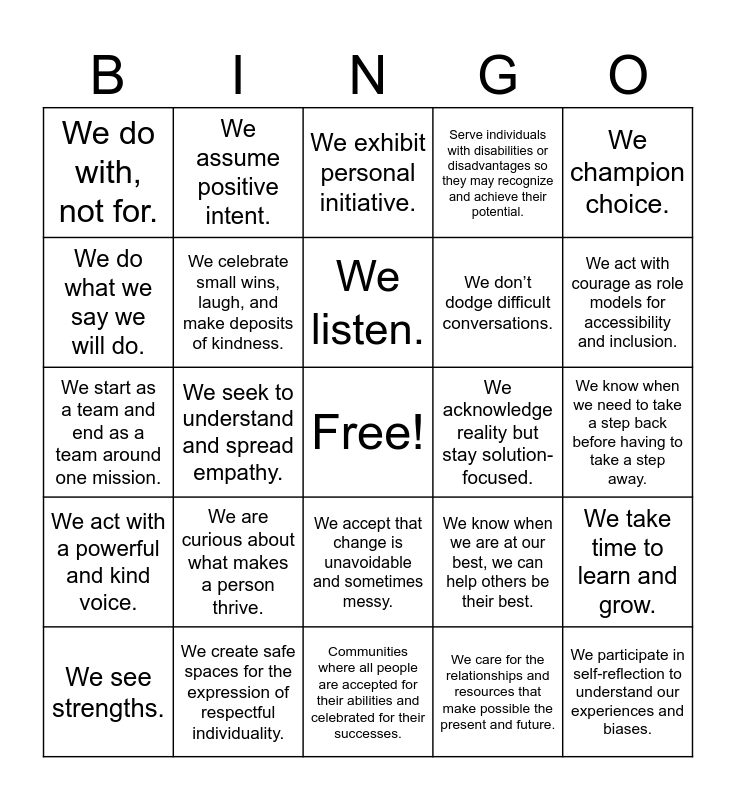 Shangri-La Mission, Vision and Values Bingo Card