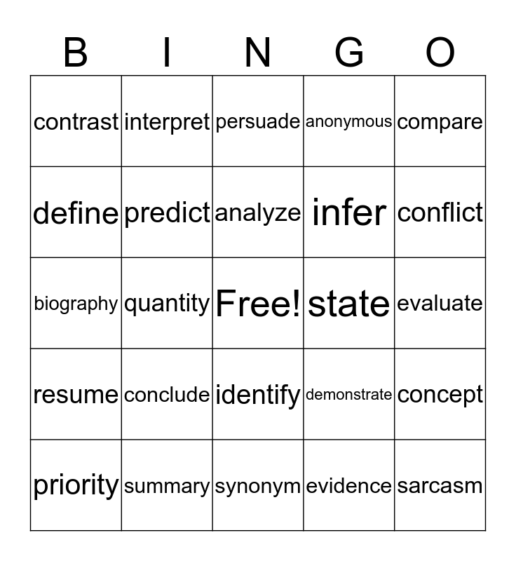High Stakes Vocabulary #1-2 Bingo Card