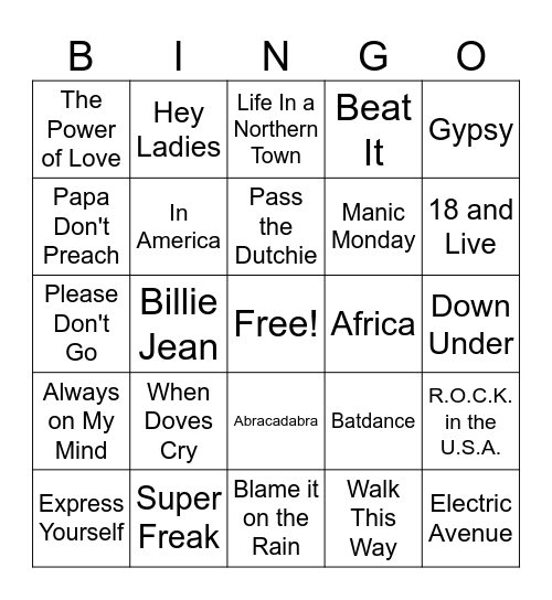 1980-1989 AT 40 Bingo Card