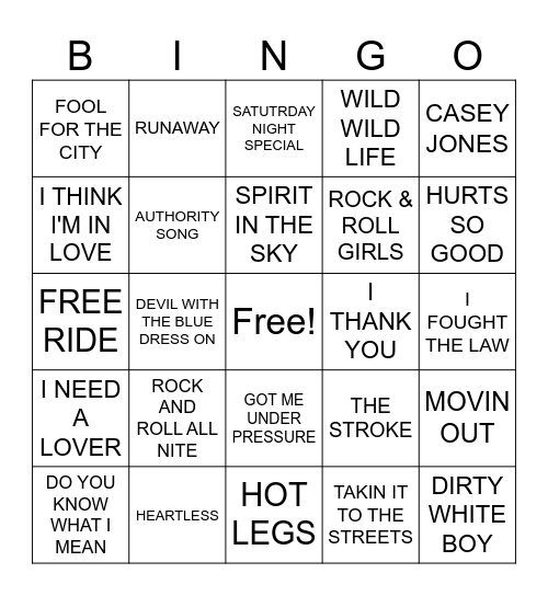 CLASSIC ROCK Bingo Card
