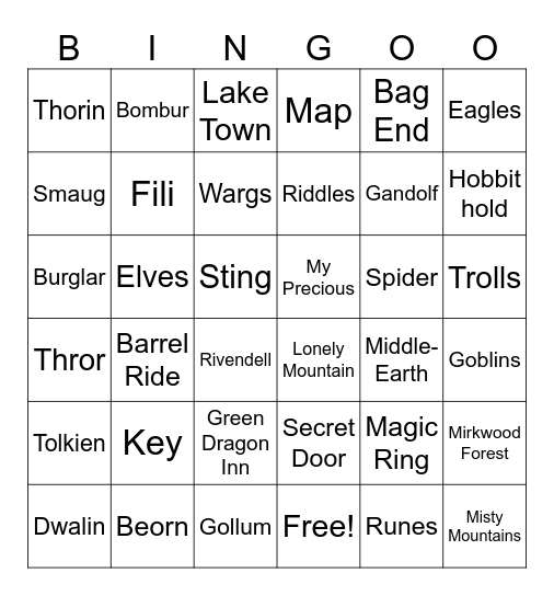The Hobbit Chapters 1-8 Bingo Card
