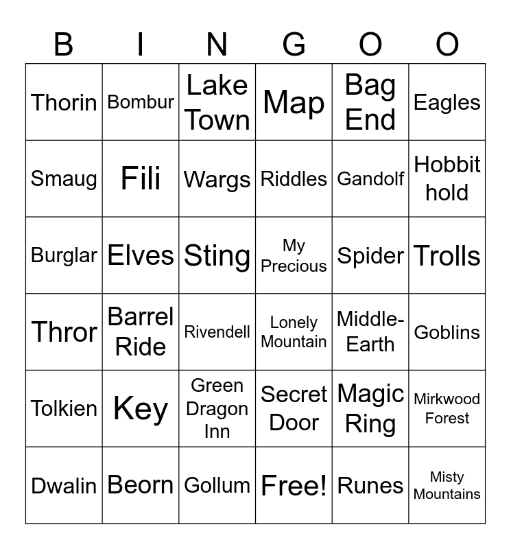 The Hobbit Chapters 1-8 Bingo Card