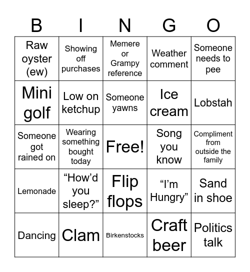 Towne Family Cape Cod Bingo Card