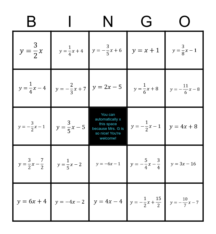 Standard Form to Slope Intercept Form BINGO Card