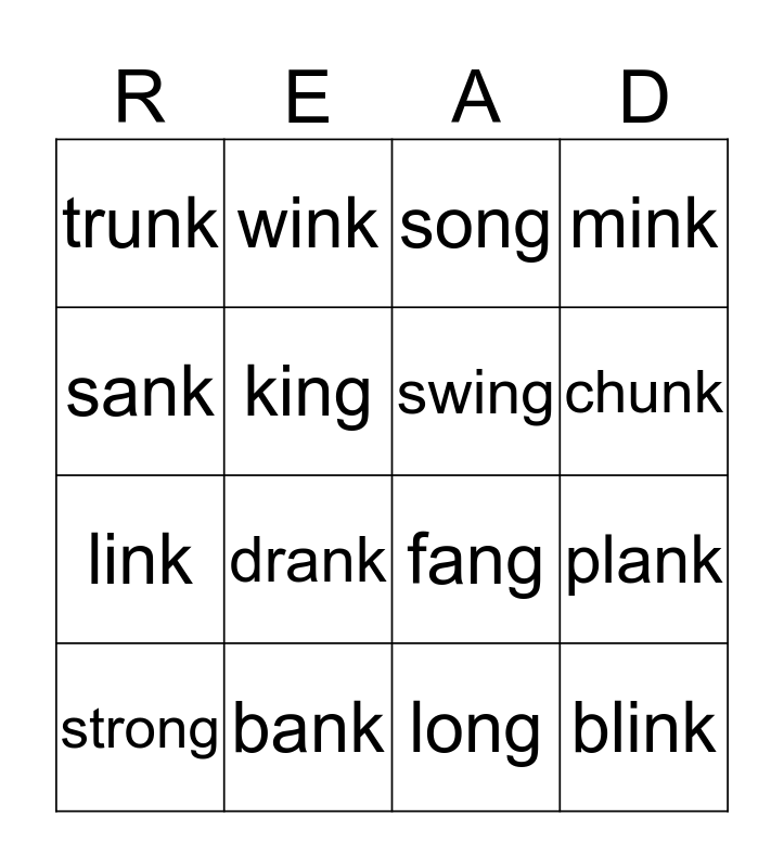  ng And nk Words Bingo Card