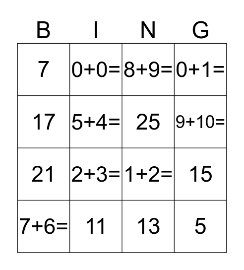 Doubles Plus One Bingo Card