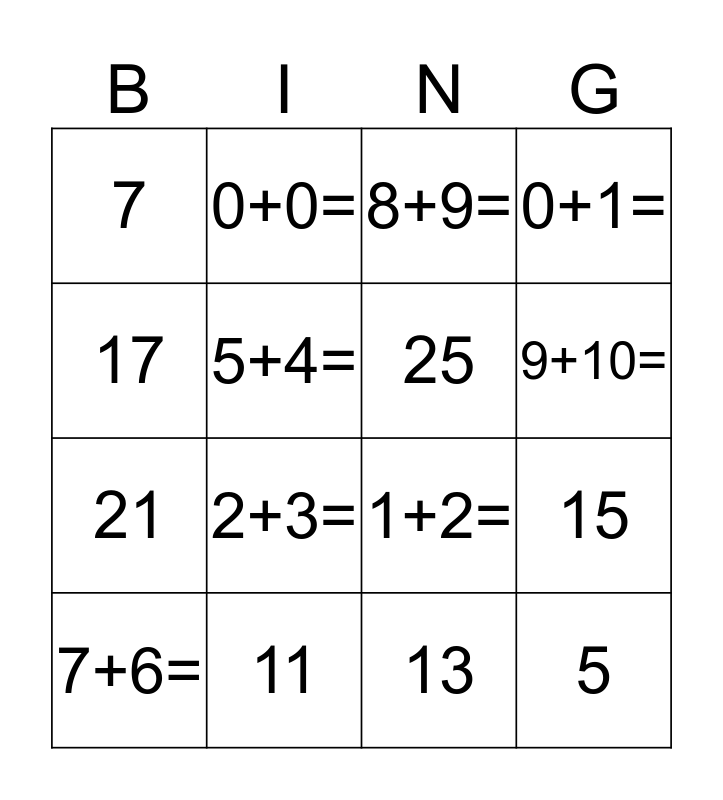 Doubles Plus One Bingo Card