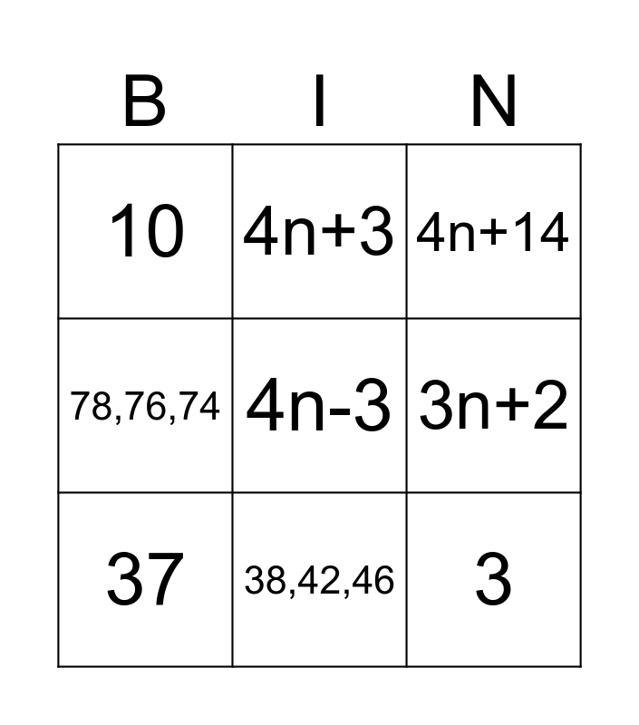 Sequences Bingo Card