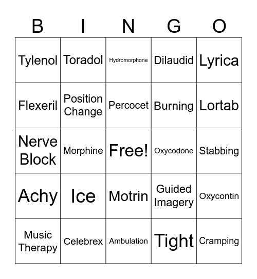 Orthopedic Pain Bingo Card