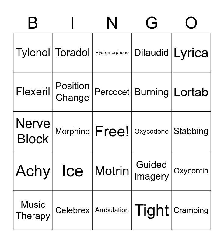 Orthopedic Pain Bingo Card