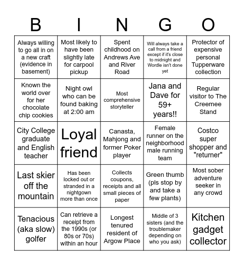 Celebrating Jana Bingo Card