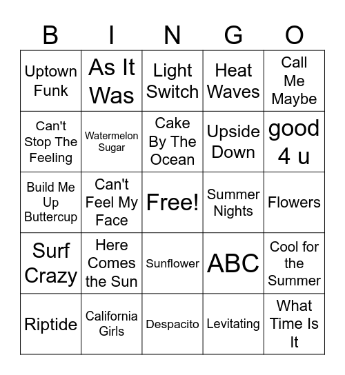 Summer Music Bingo Card