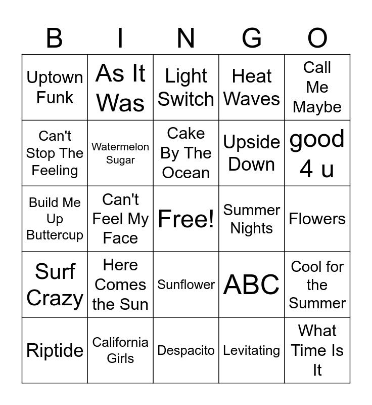 Summer Music Bingo Card