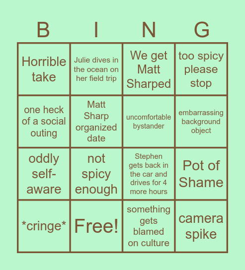 Matt Sharp Special Bingo Card