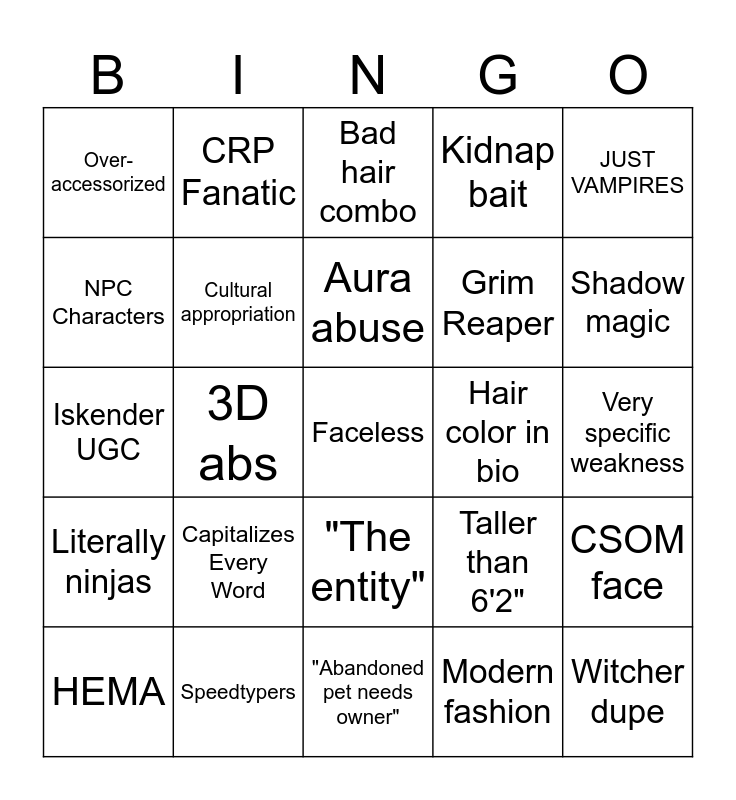 KL2 Hell Bingo Card